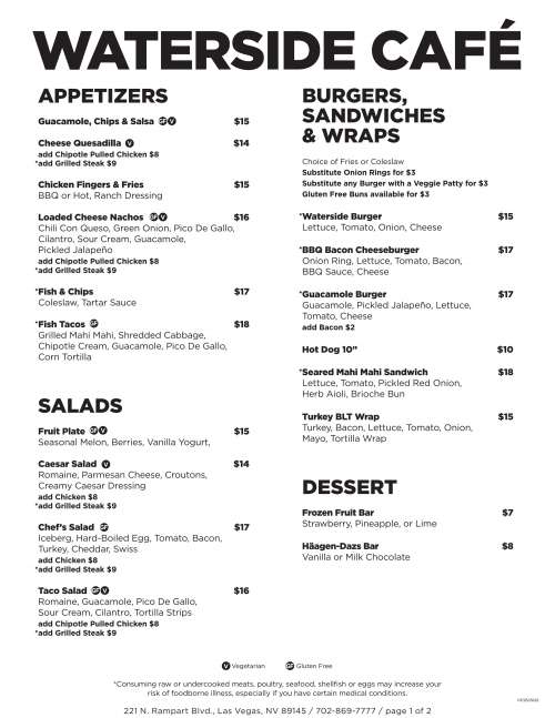 Waterside Café menu in Las Vegas, Nevada, USA