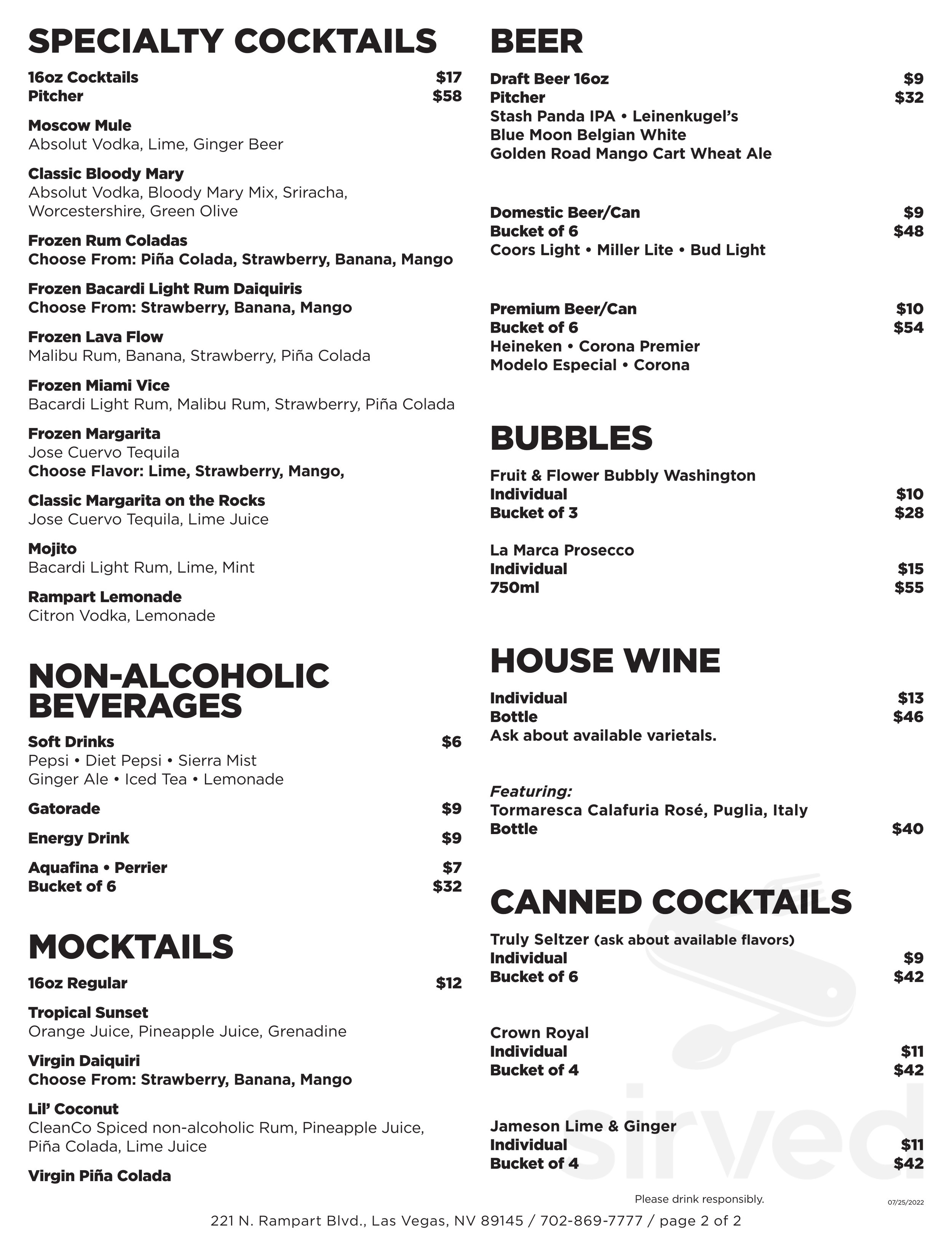 Waterside Café menu in Las Vegas, Nevada, USA