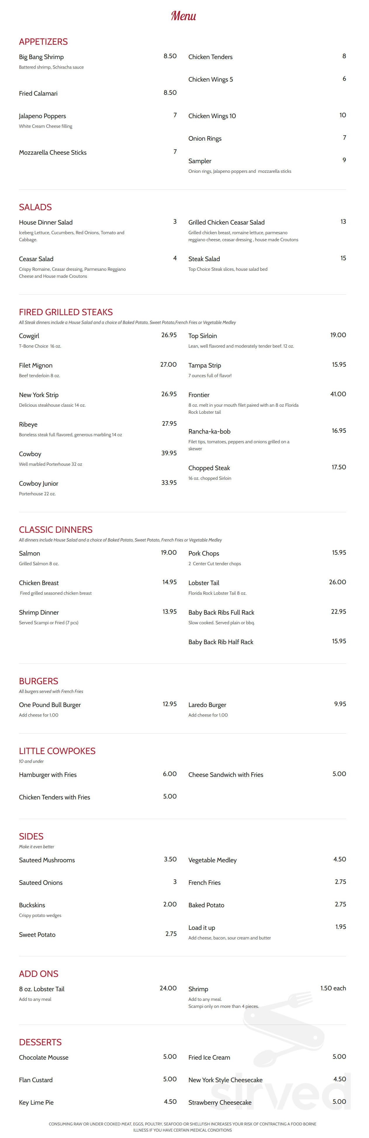 Menu for Frontier Steakhouse in Tampa, FL | Sirved