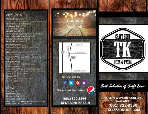 TK Pizza & Pasta menu in Tehachapi, California, USA
