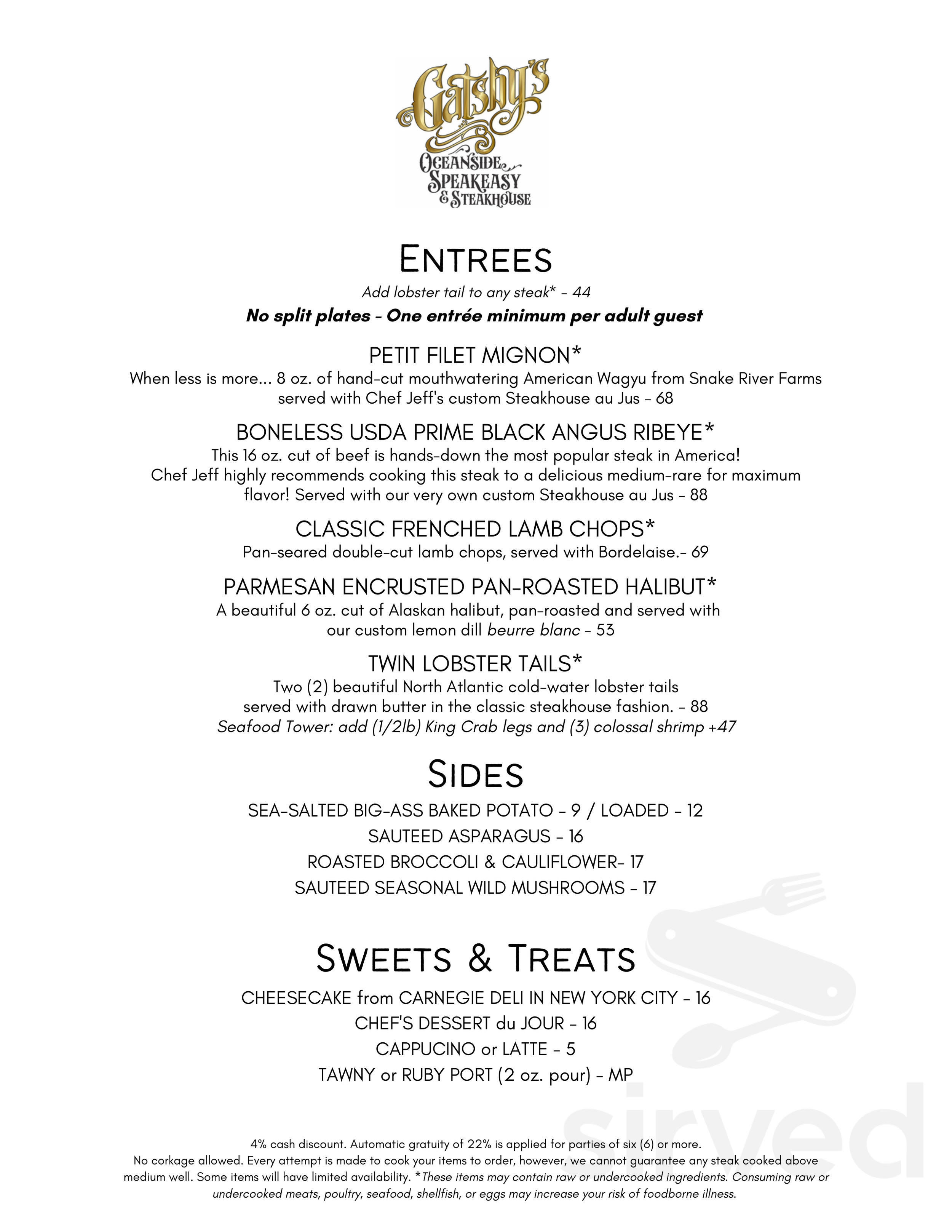 Gatsby's Oceanside Speakeasy & Steakhouse menus in Cannon Beach, Oregon ...