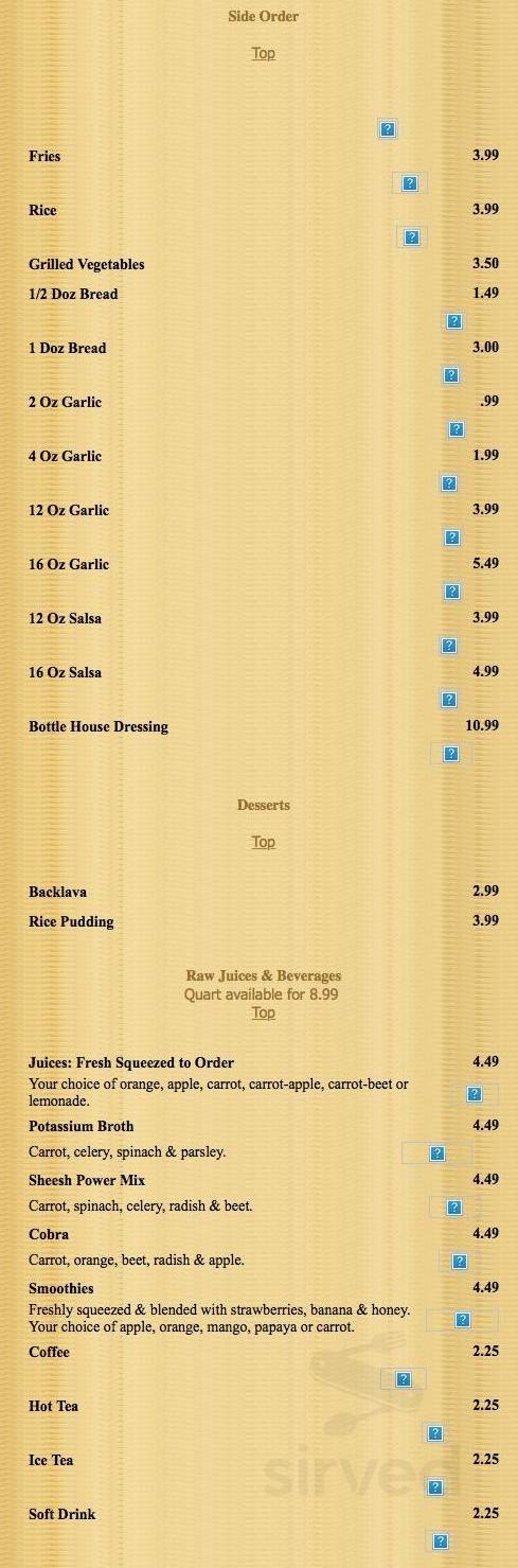 Sheesh menus in Livonia, Michigan, United States