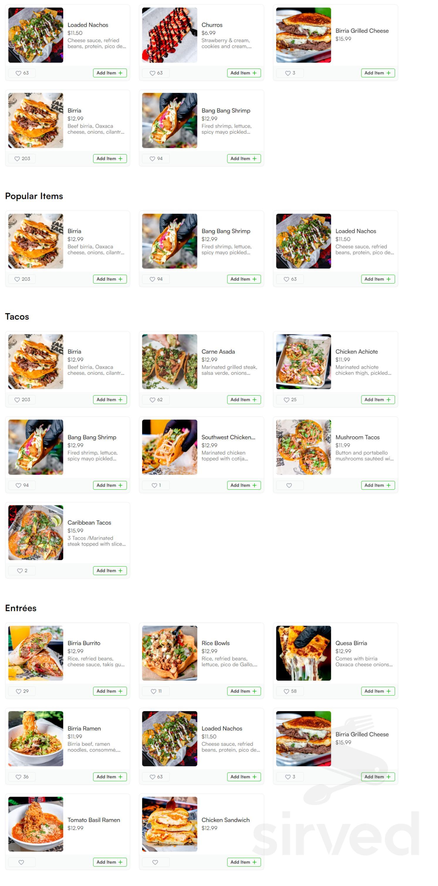 Talkin' Tacos Miramar menu in Miramar, Florida, USA