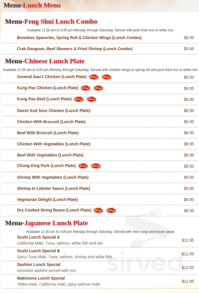 Feng Shui menu in Cohasset, Massachusetts, USA