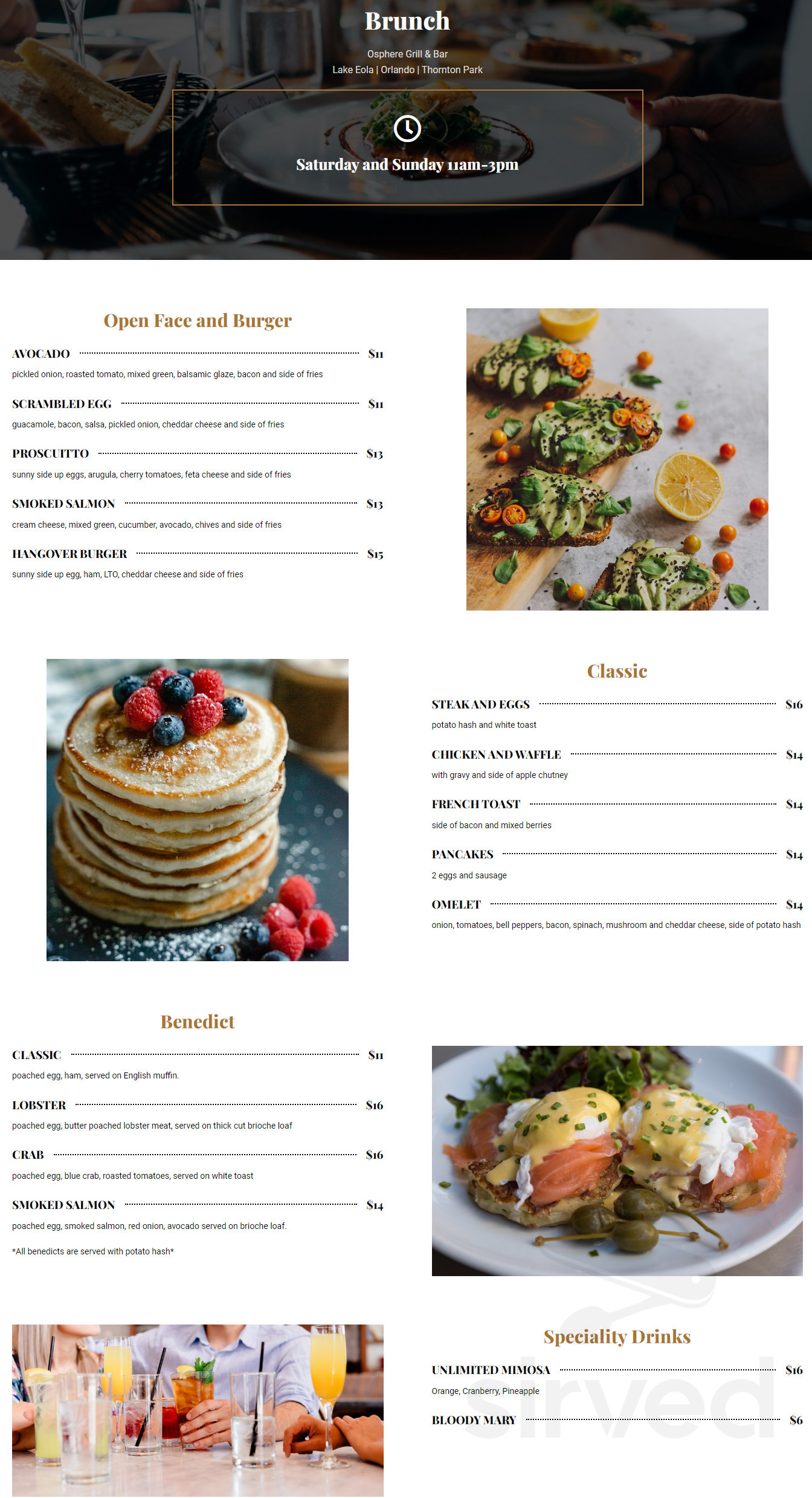 Osphere Neighborhood Grill and Bar menu in Orlando, Florida, USA