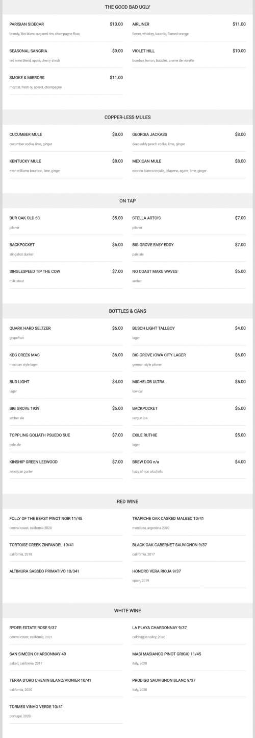 Motley School Tavern menu in Des Moines, Iowa, USA