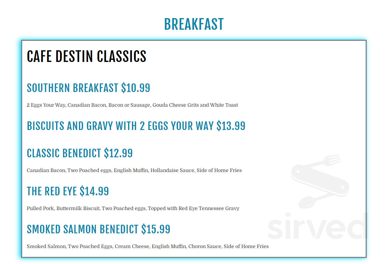 Cafe Destin menu in Destin, Florida, USA