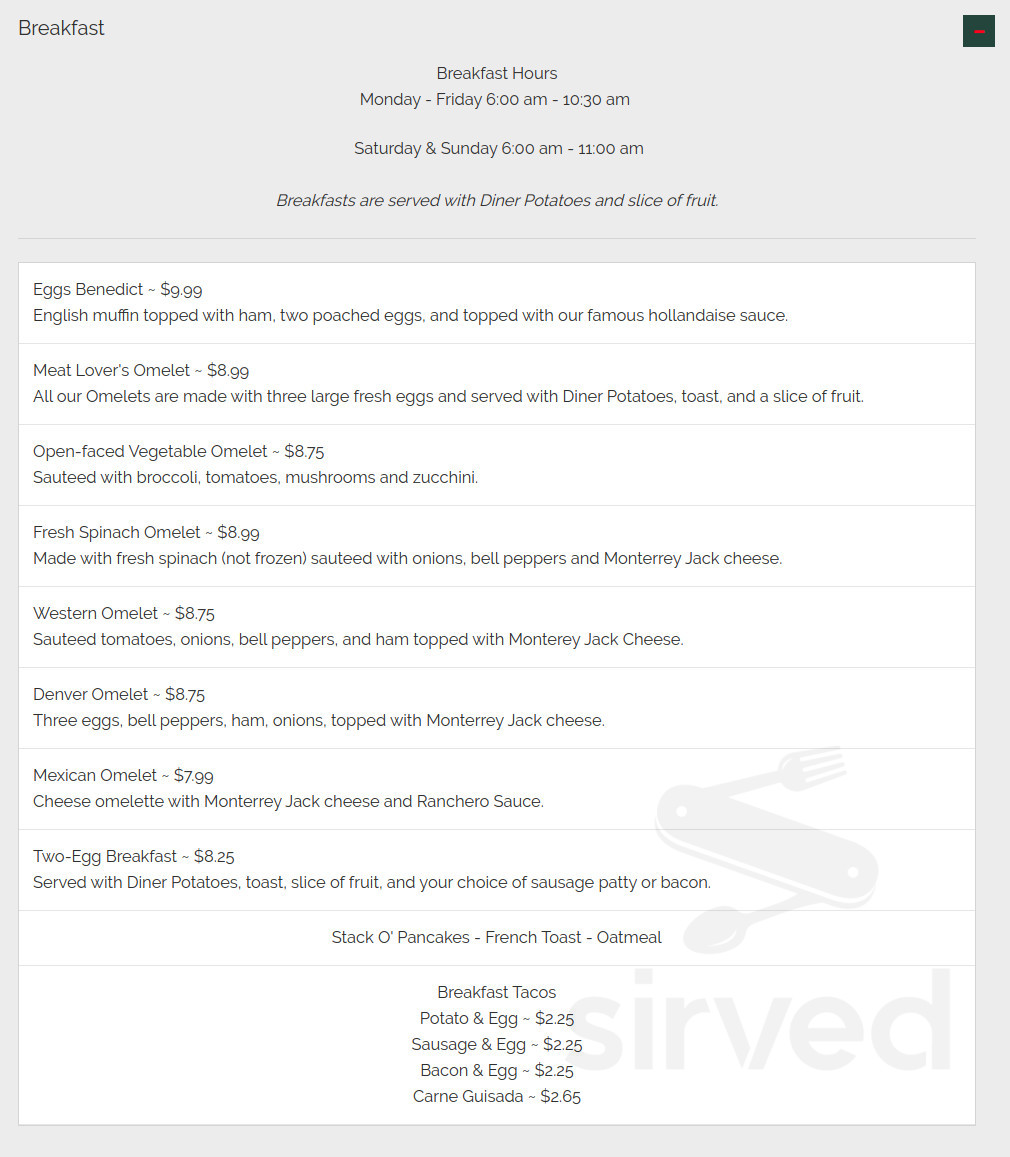 Abel's Diner menu in Schertz, Texas, USA