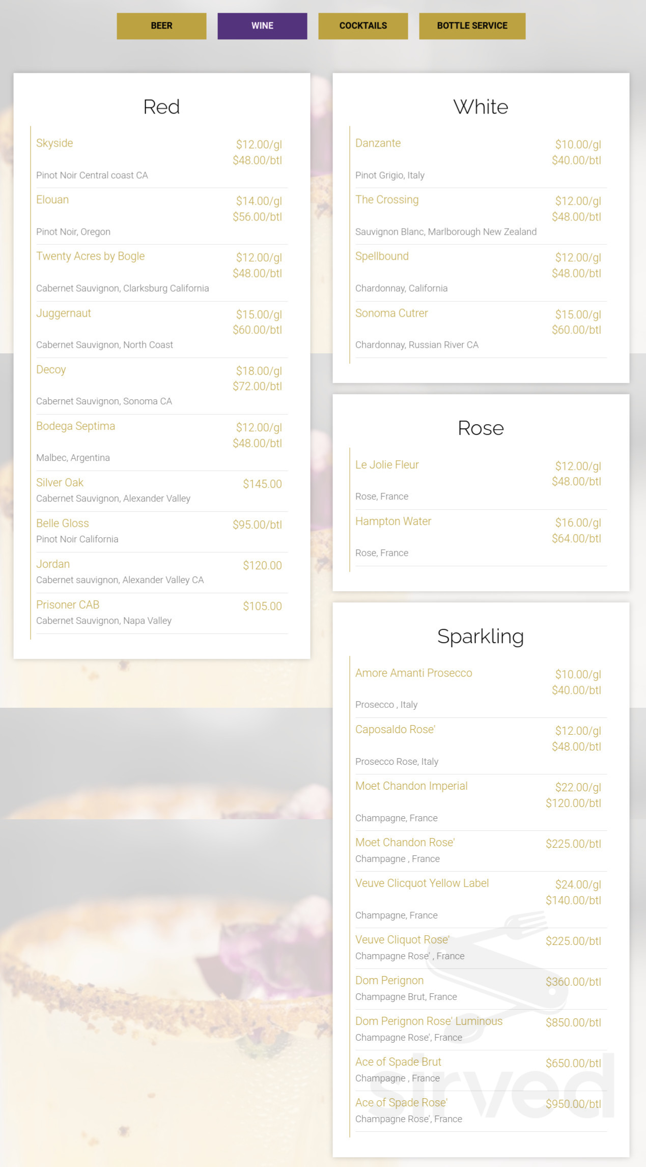 Felix Culpa menu in Dallas, Texas, USA