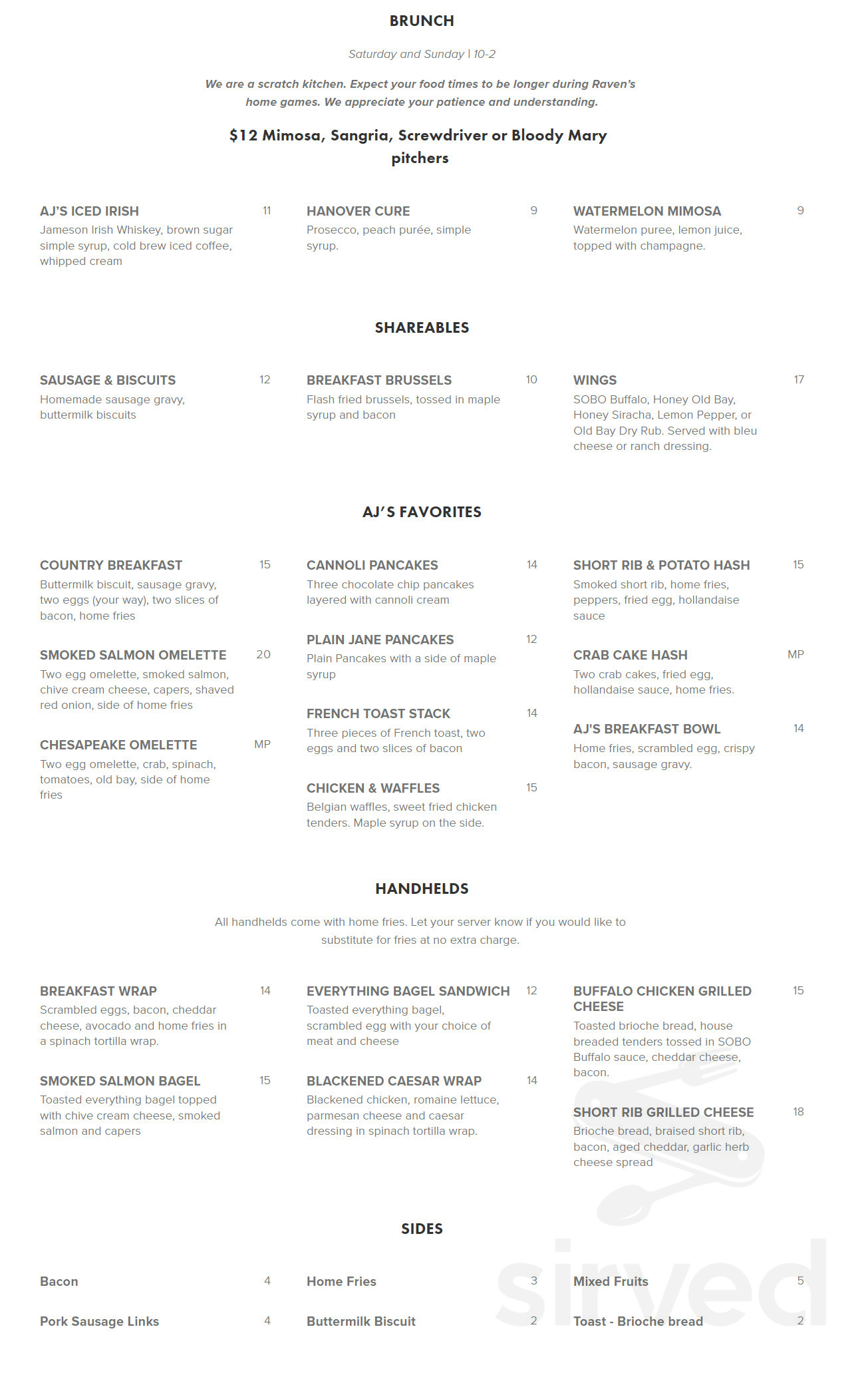 AJ's On Hanover menu in Baltimore, Maryland, USA