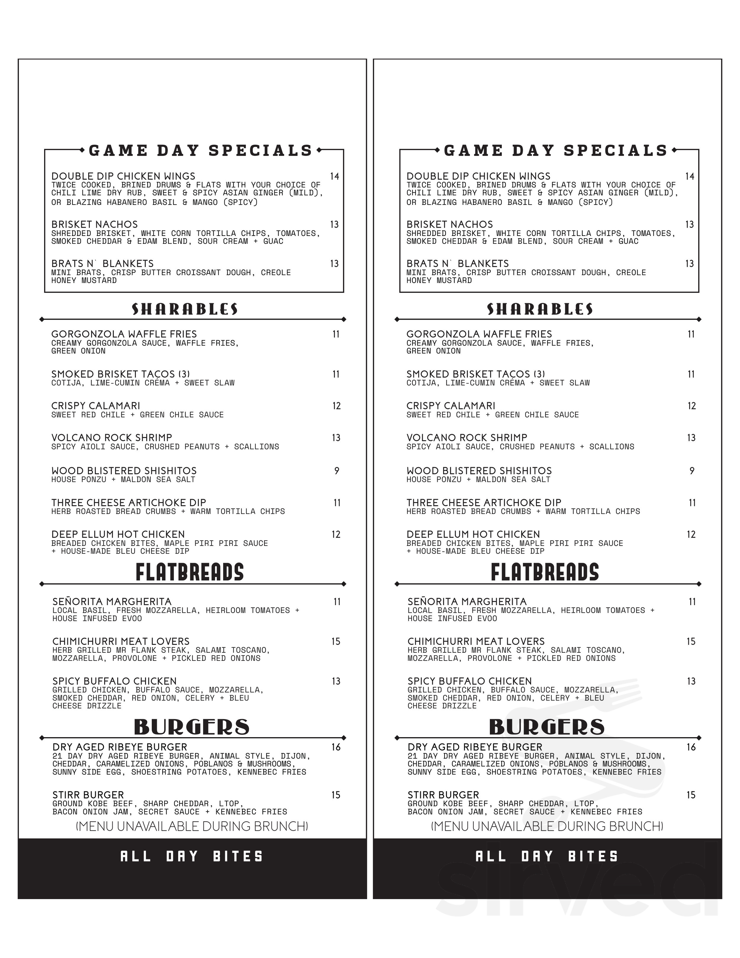 STIRR menu in Dallas, Texas, USA