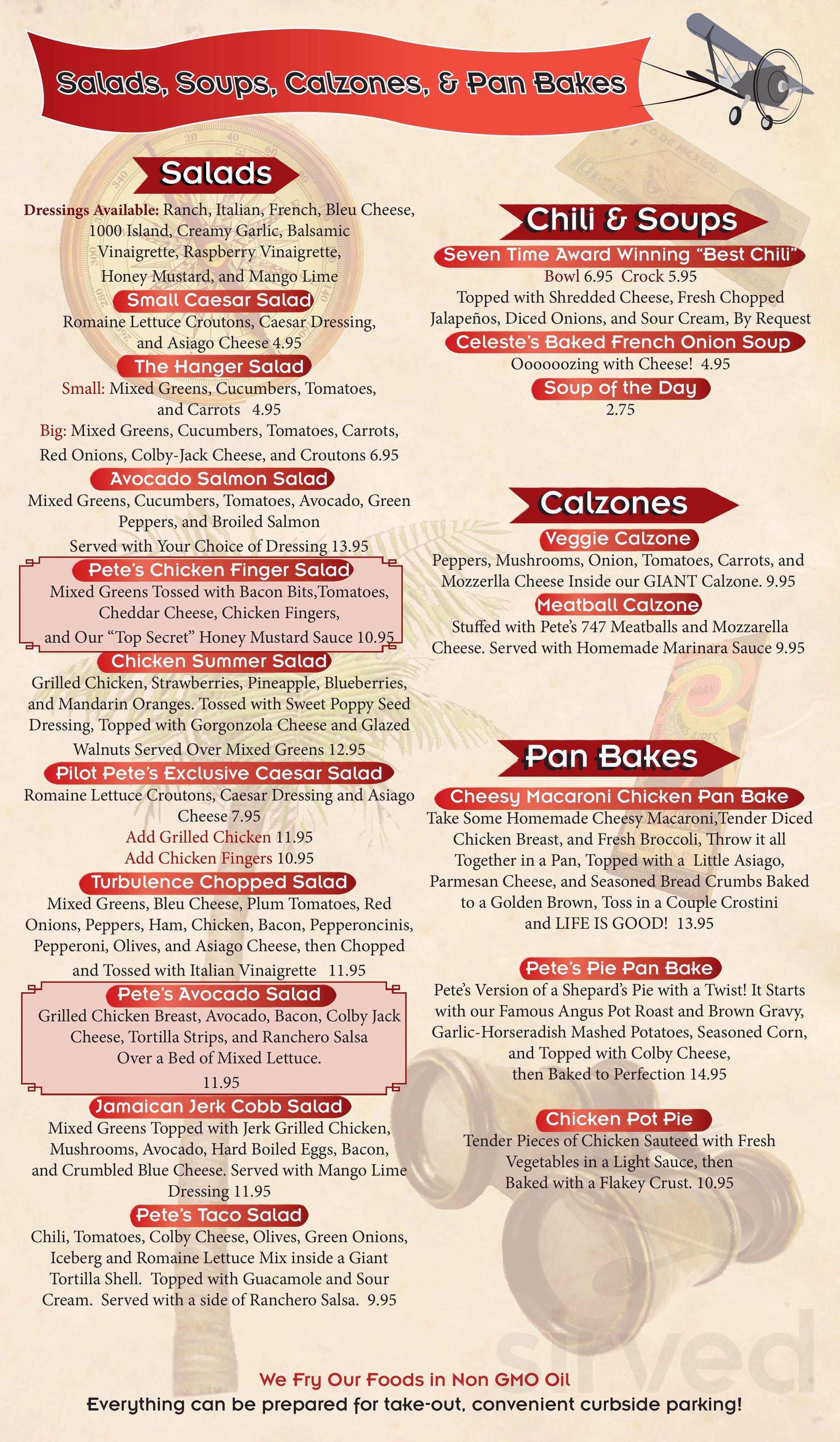 Pilot Pete's menu in Schaumburg, Illinois, USA