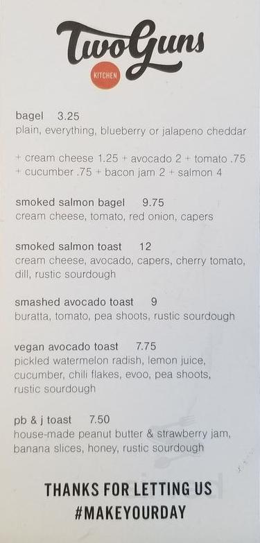 Two Guns Espresso menu in Los Angeles, California, USA