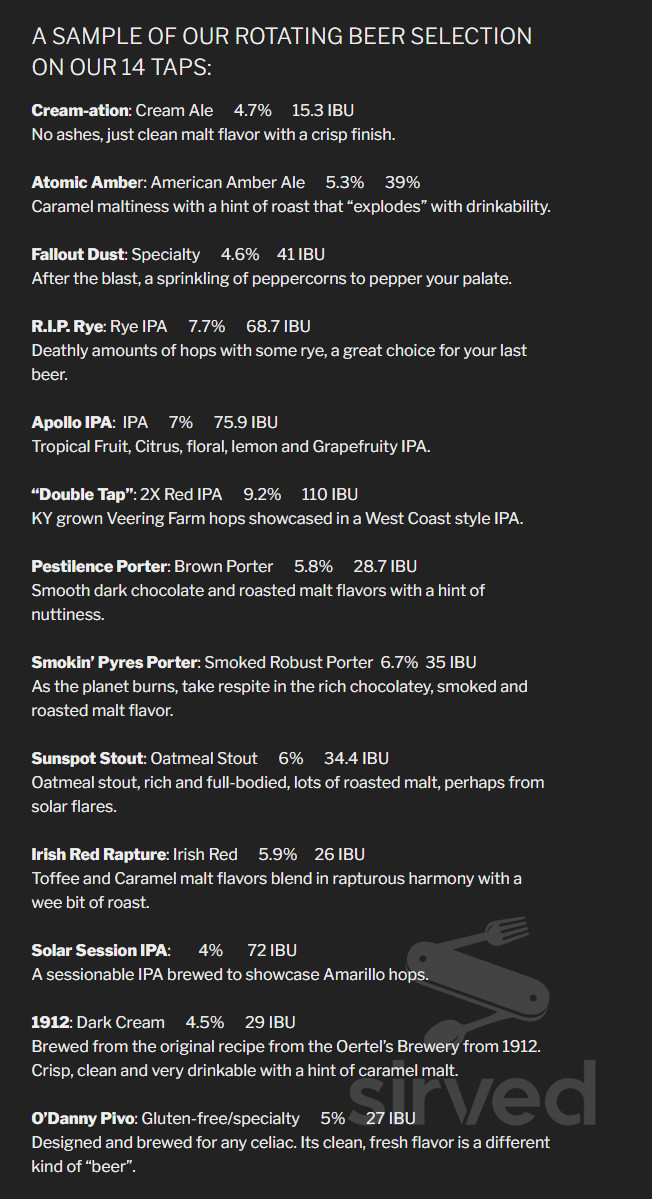 Apocalypse Brew Works, LLP menu in Louisville, Kentucky, USA