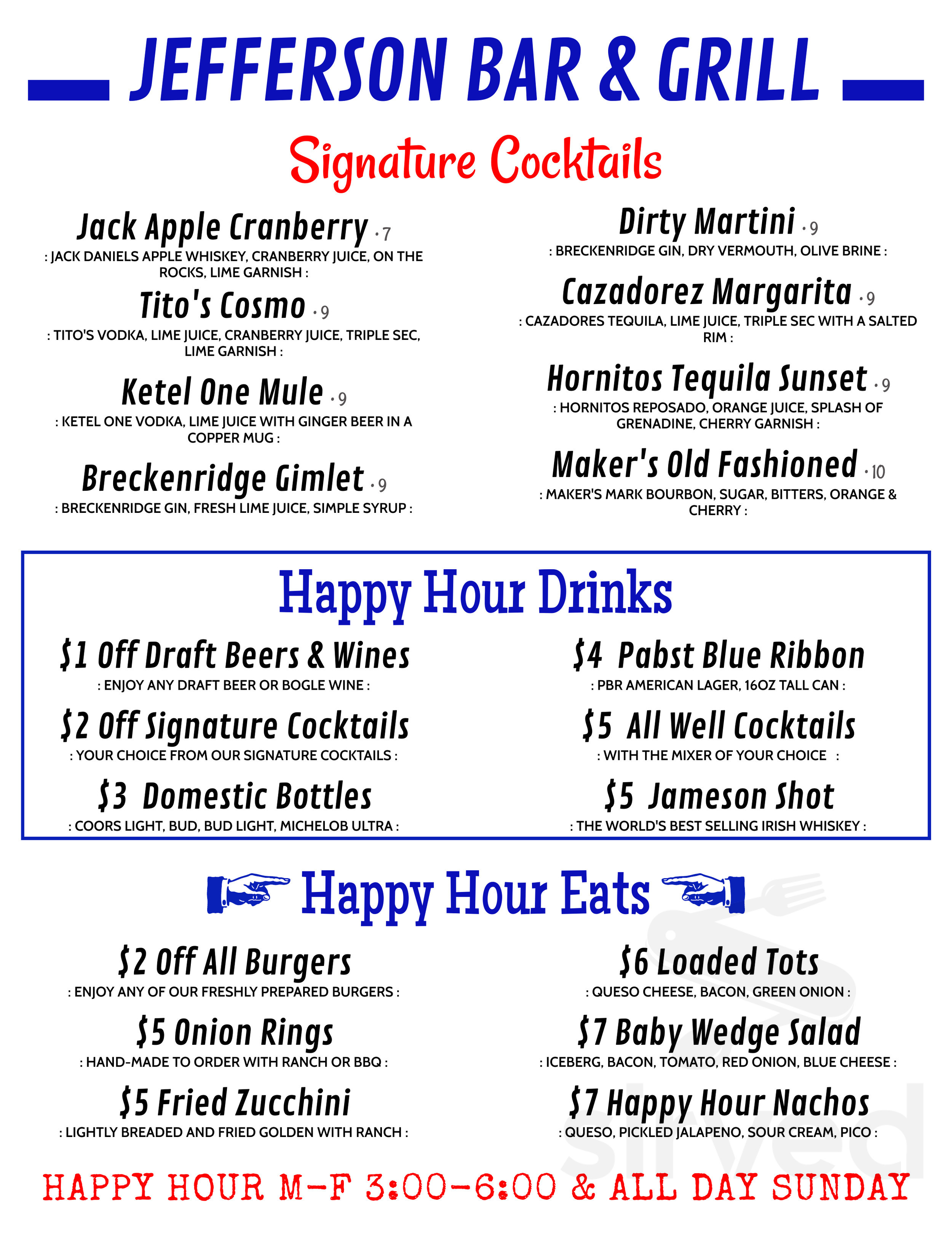 Jefferson Bar & Grill menu in West Sacramento, California, USA