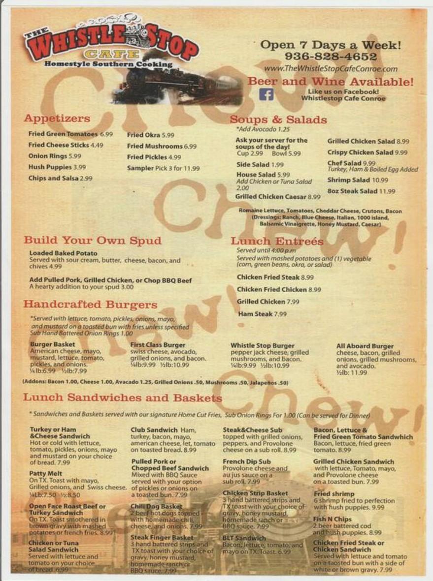 The Whistle Stop Cafe menu in Conroe, Texas, USA