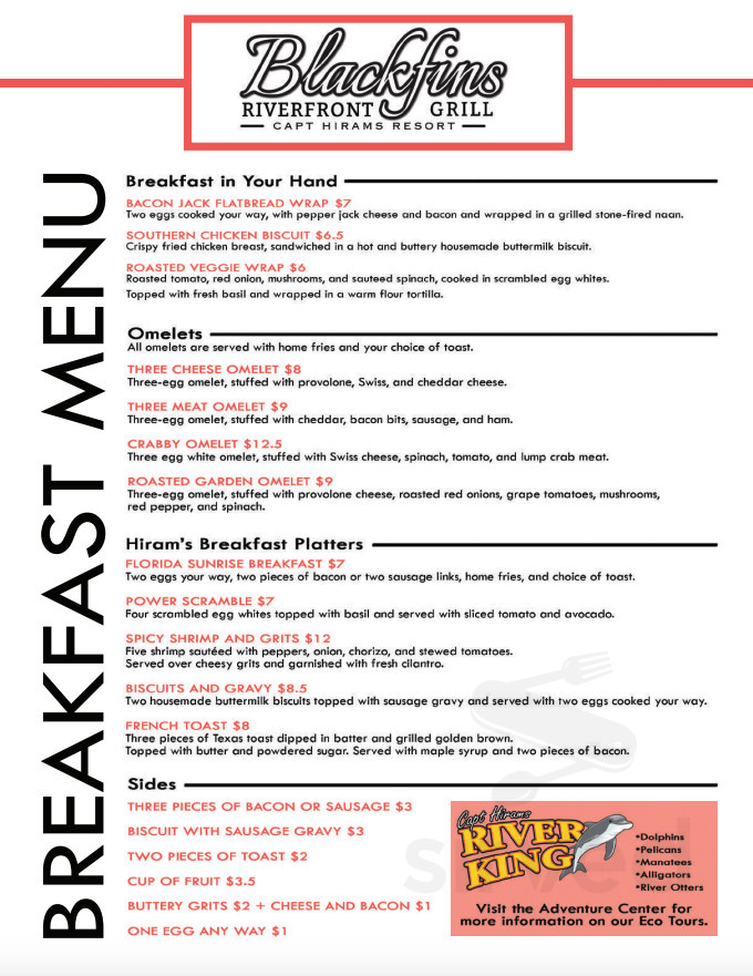 Blackfins at Capt Hirams Resort menu in Sebastian, Florida, USA