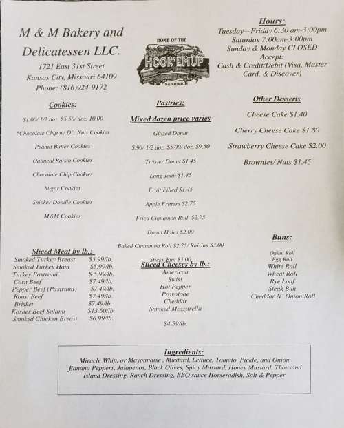 M & M Bakery & Delicatessen menu in Kansas City, Missouri, USA