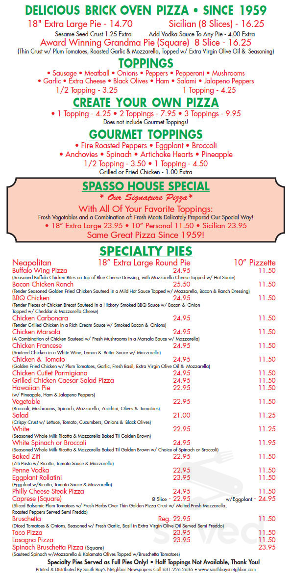 Spassos Pizzeria menu in Lindenhurst, New York, USA