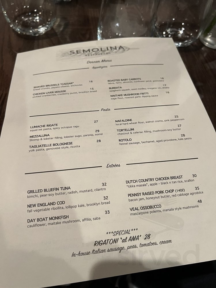 Semolina Restaurant menu in Red Bank, New Jersey, USA