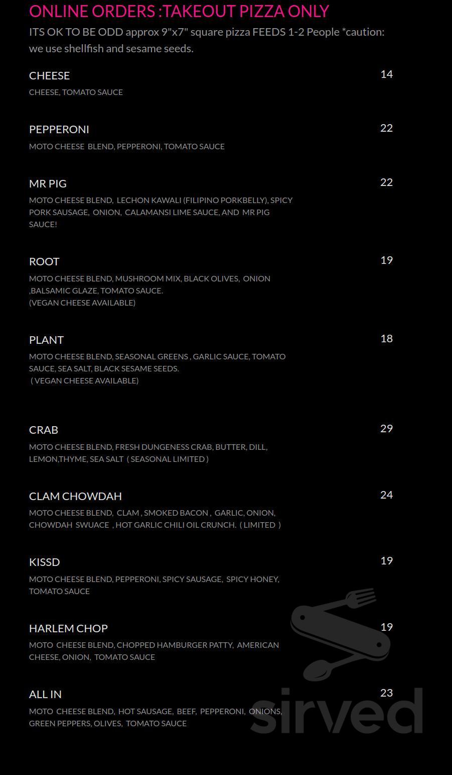 MOTO menu in Seattle, Washington, USA