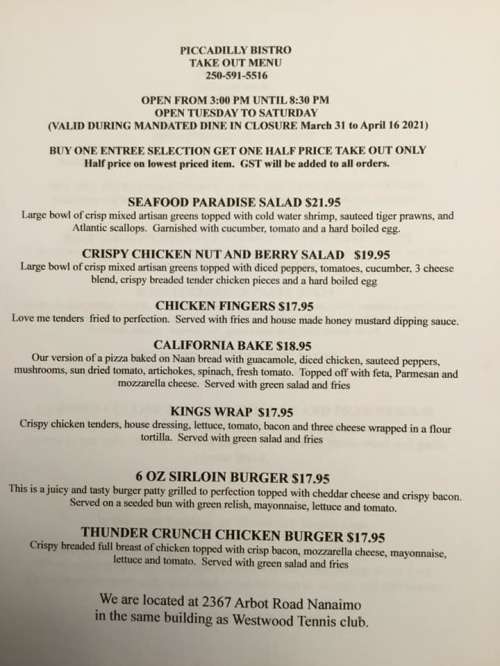 Piccadilly Bistro menu in Nanaimo, British Columbia, Canada