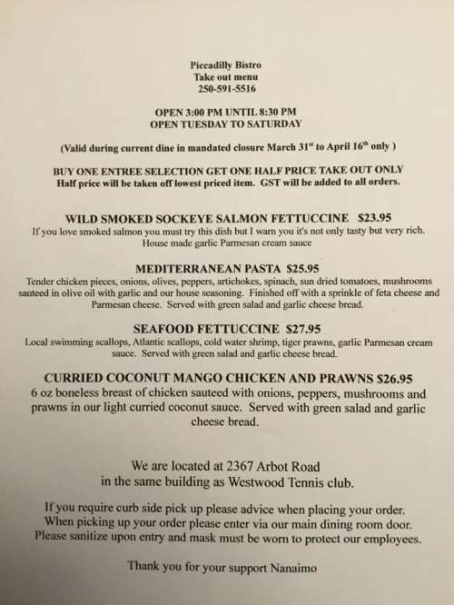 Piccadilly Bistro menu in Nanaimo, British Columbia, Canada