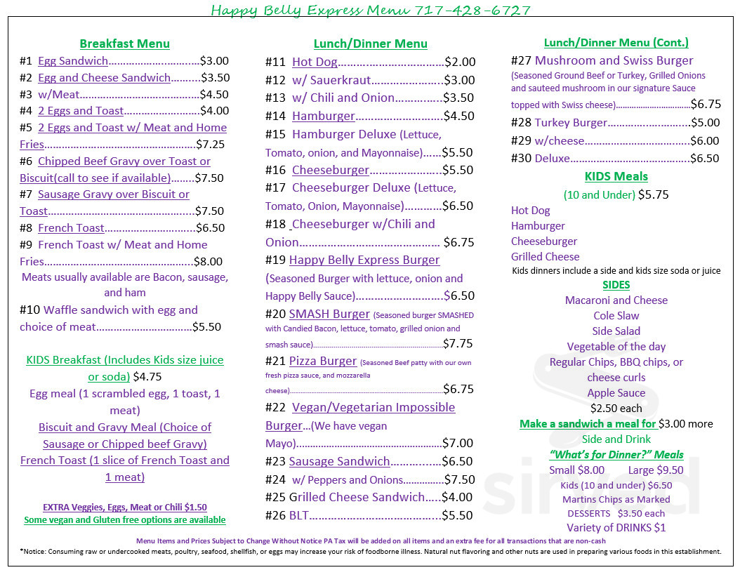 Menu for Happy Belly Express in Jacobus, PA | Sirved