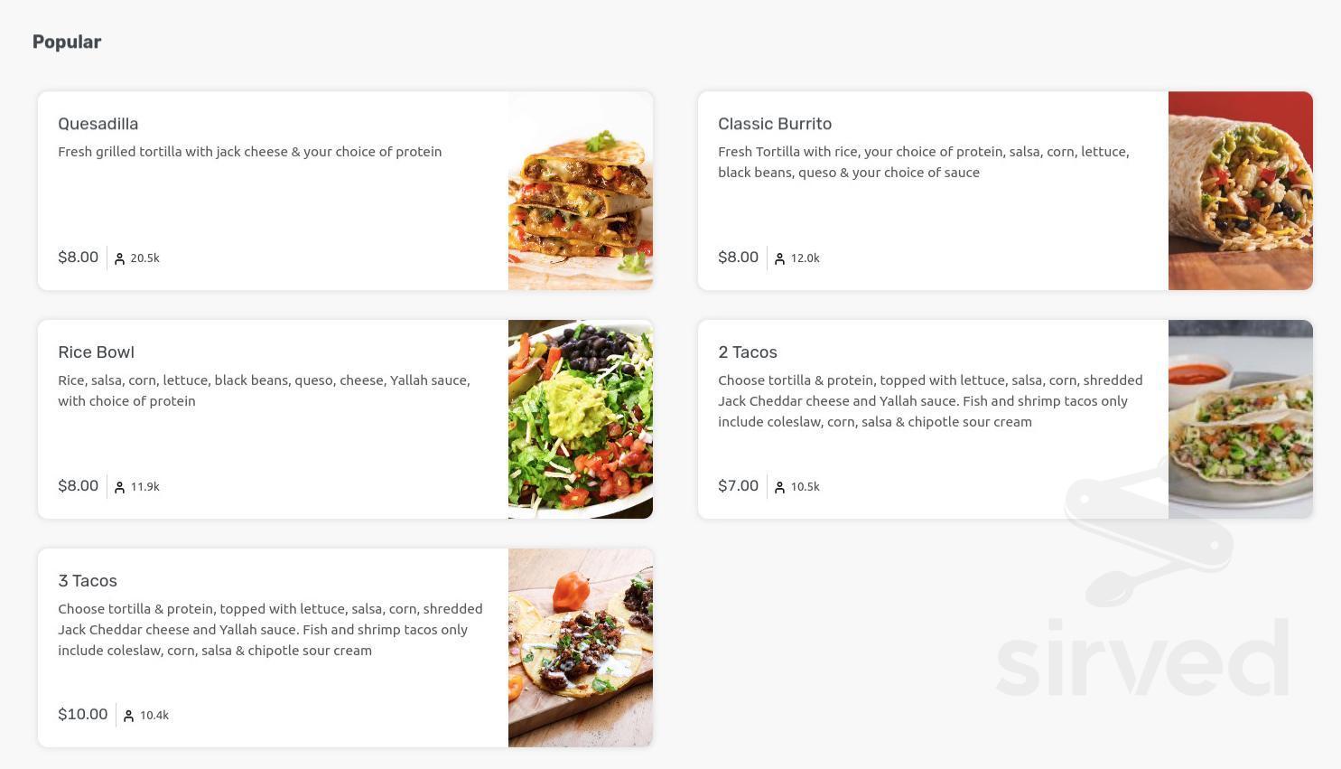 Yallah Taco menu in State College, Pennsylvania, USA