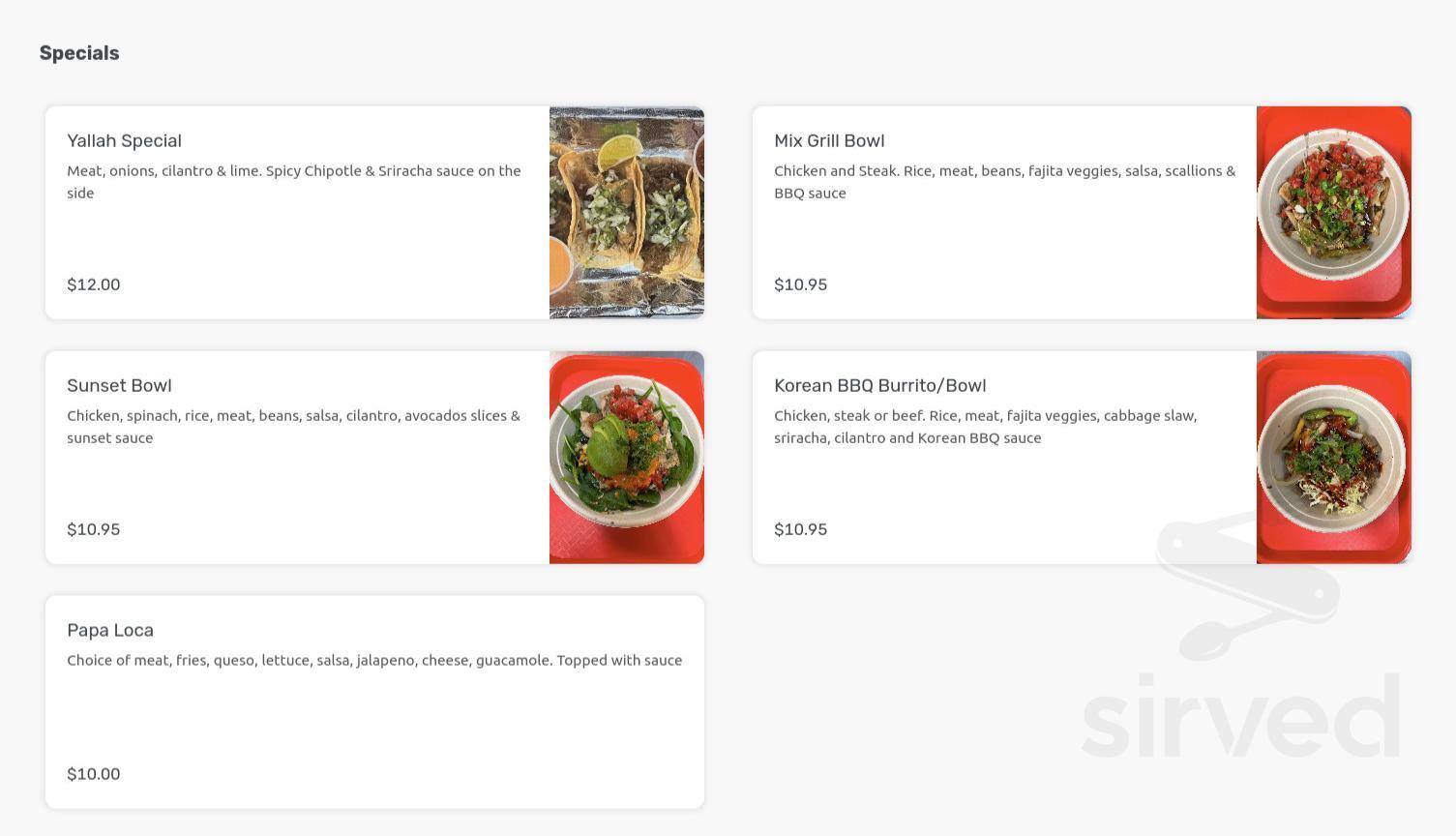 Yallah Taco menu in State College, Pennsylvania, USA