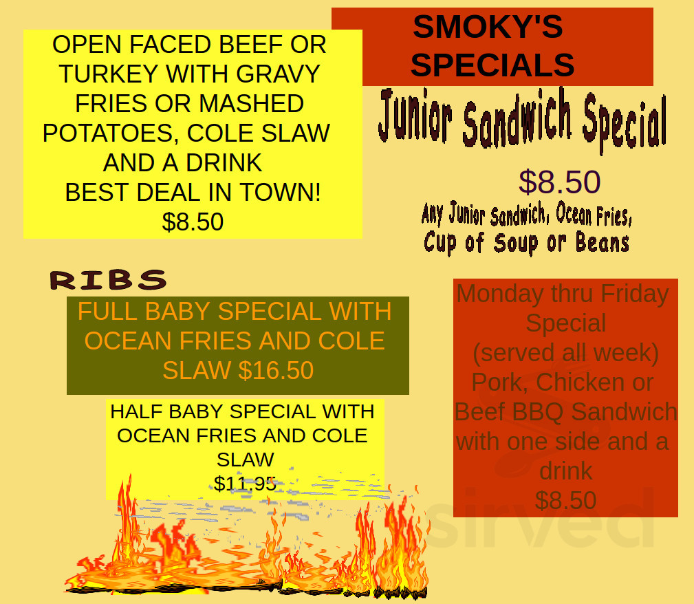 Menu for Smoky's BBQ in Eldersburg, MD | Sirved