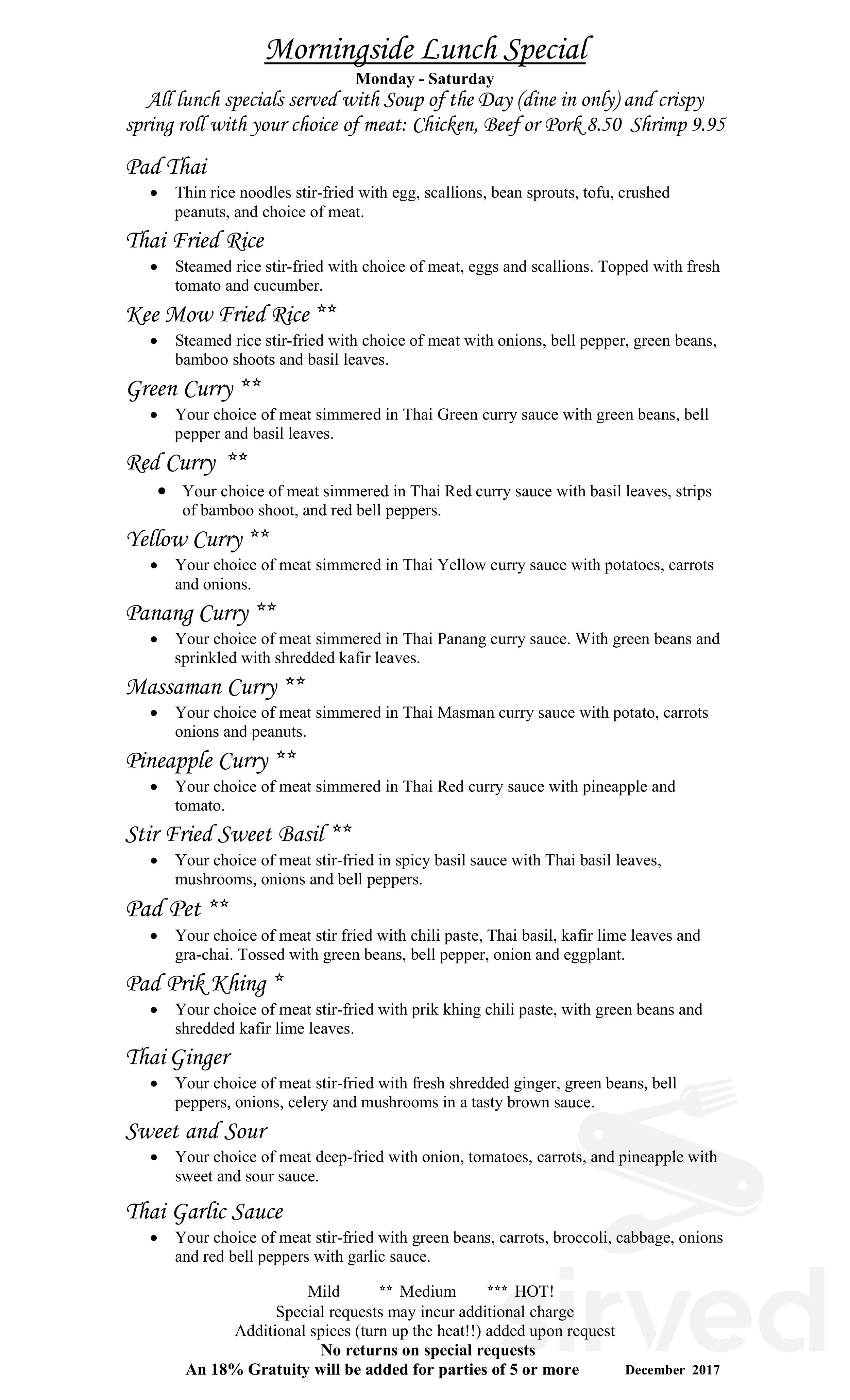 Morningside Thai Restaurant menu in Houston, Texas, USA