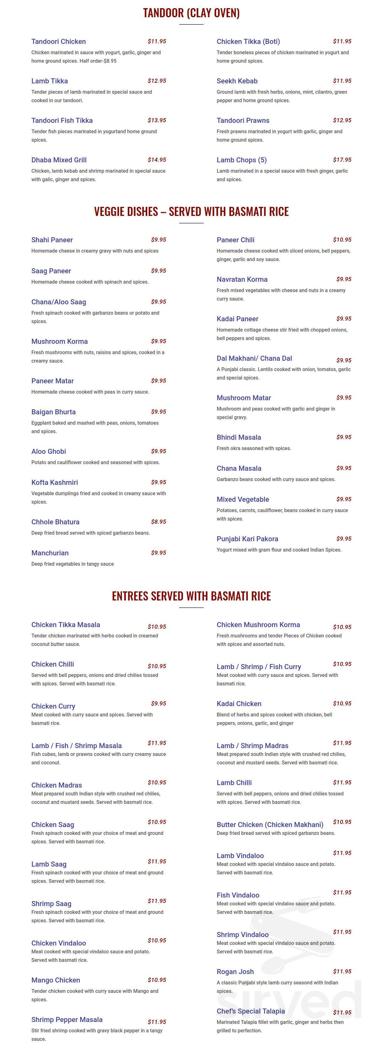 Dhaba Indian Cuisine menu in Tracy, California, USA