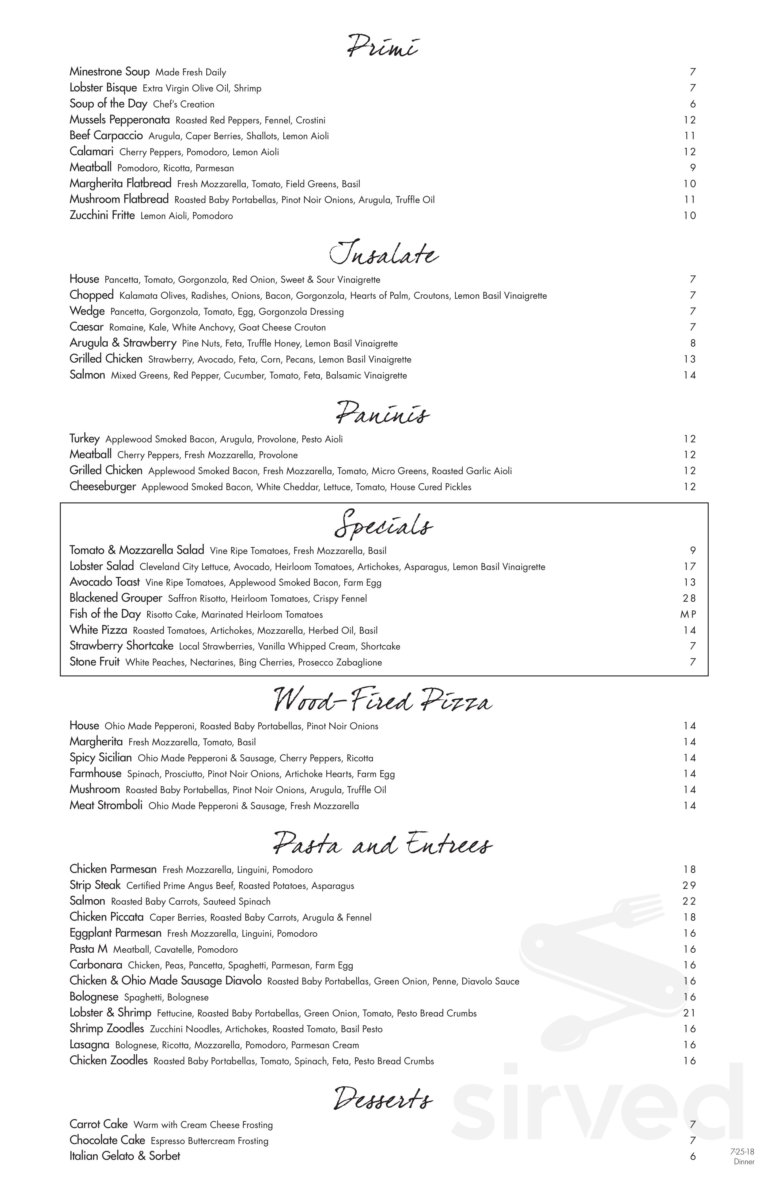 M Italian menu in Chagrin Falls, Ohio, USA