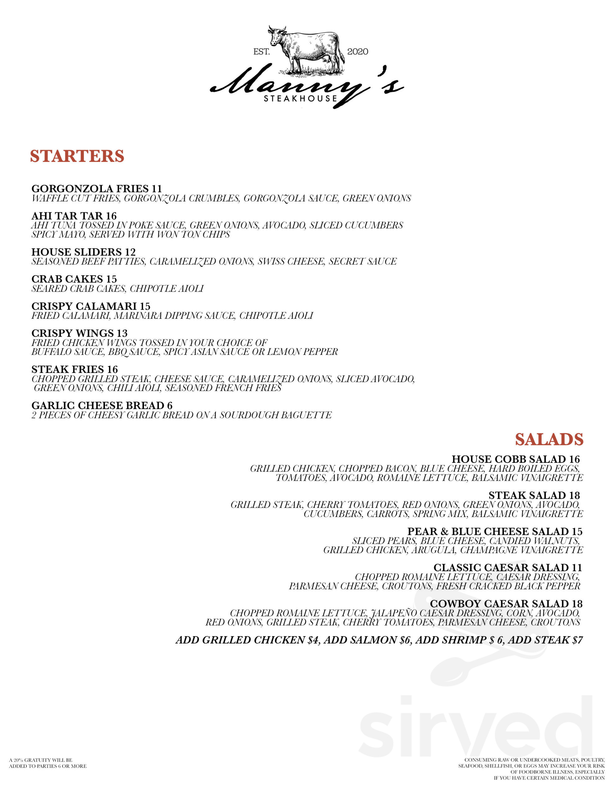 Menu for Manny's Steakhouse Vallejo in Vallejo, CA | Sirved
