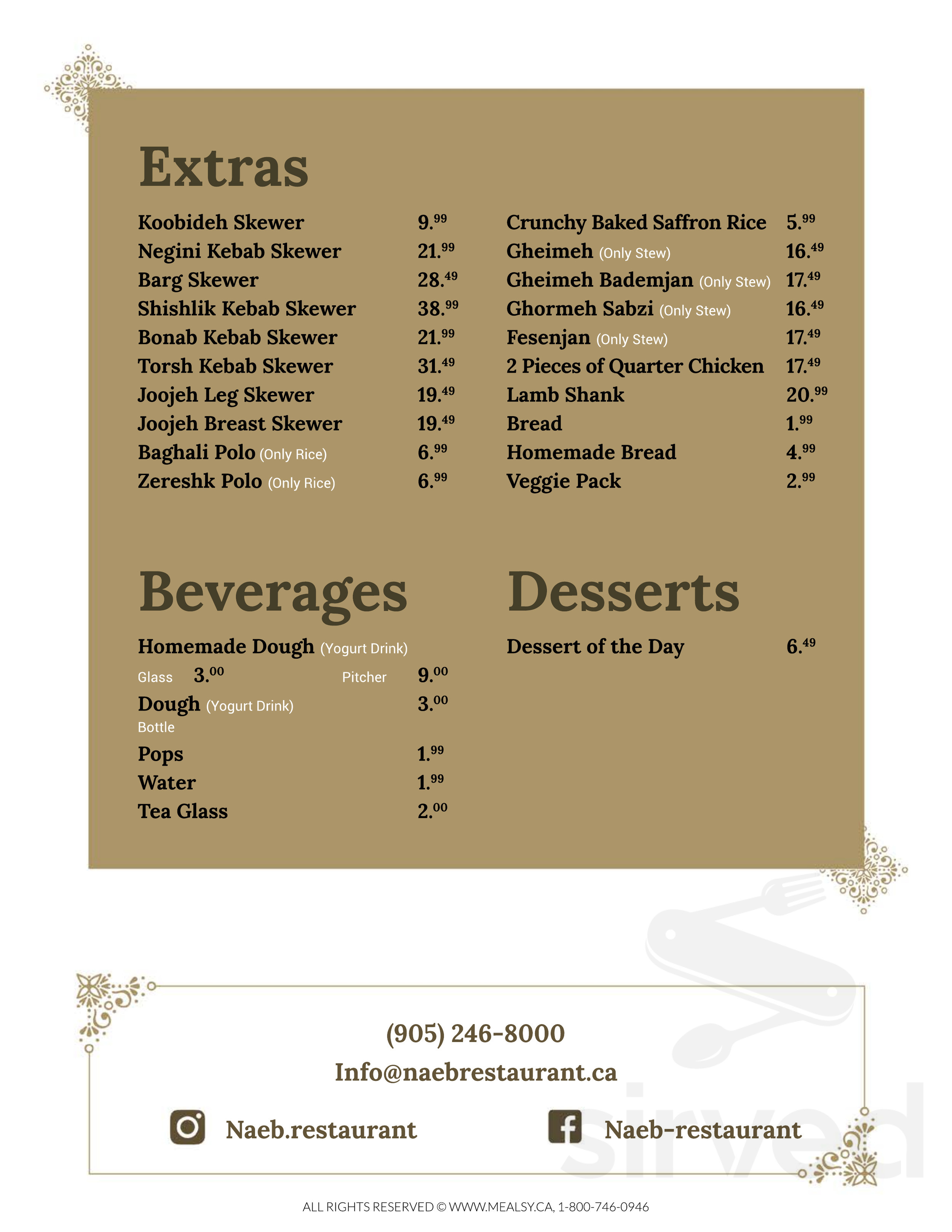 Naeb Restaurant menus in Richmond Hill, Ontario, Canada
