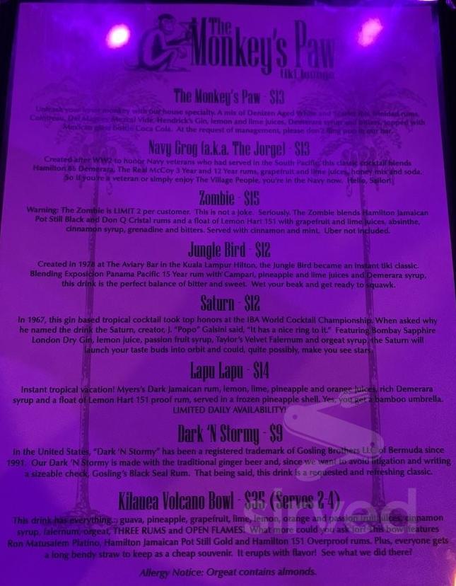 The Monkey's Paw Tiki Lounge menu in Macon, Georgia, USA