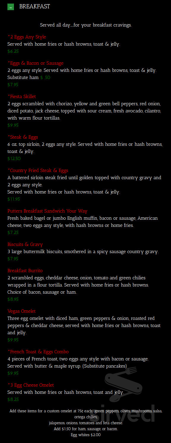 Putter's Bar & Grill Tropicana menus in Las Vegas, Nevada, United States