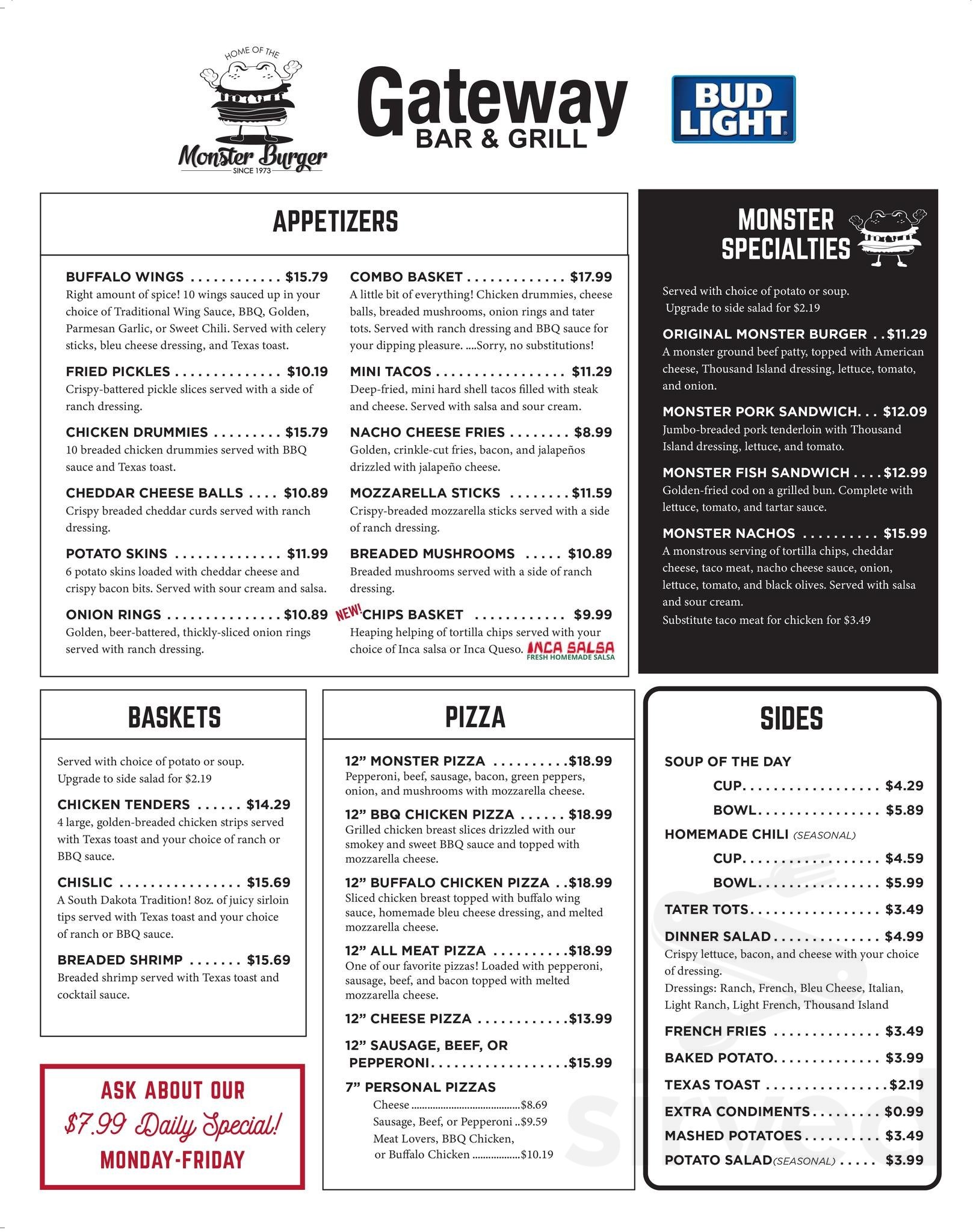 Gateway Casino & Lounge menu in Sioux Falls, South Dakota, USA