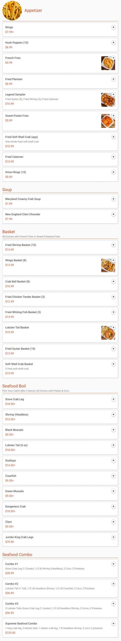 Seafood legend express menu in Windsor Mill, Maryland, USA