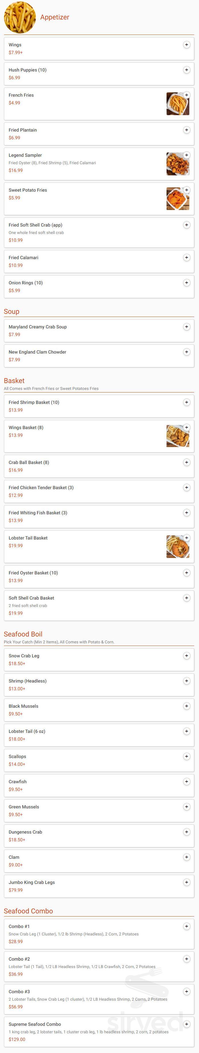 Seafood legend express menu in Windsor Mill, Maryland, USA