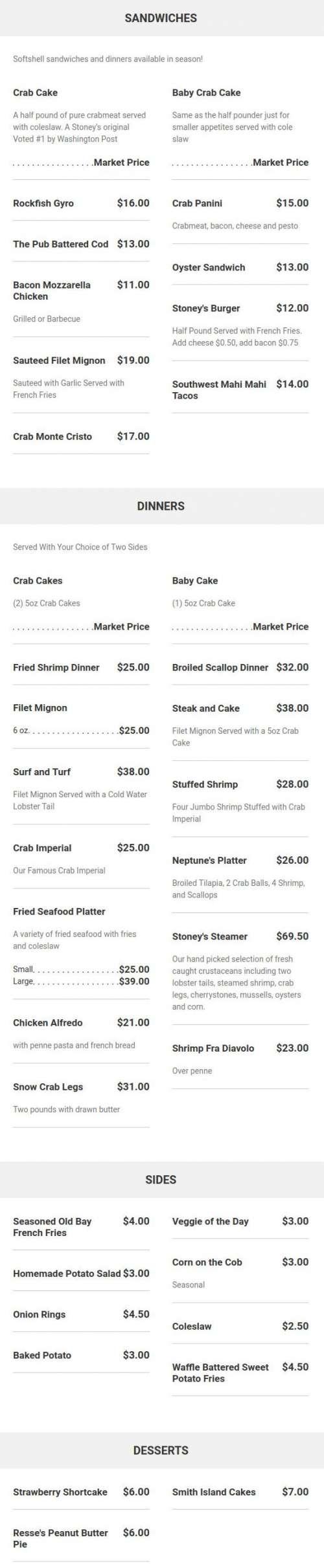 Stoney's Seafood House menu in Prince Frederick, Maryland, USA