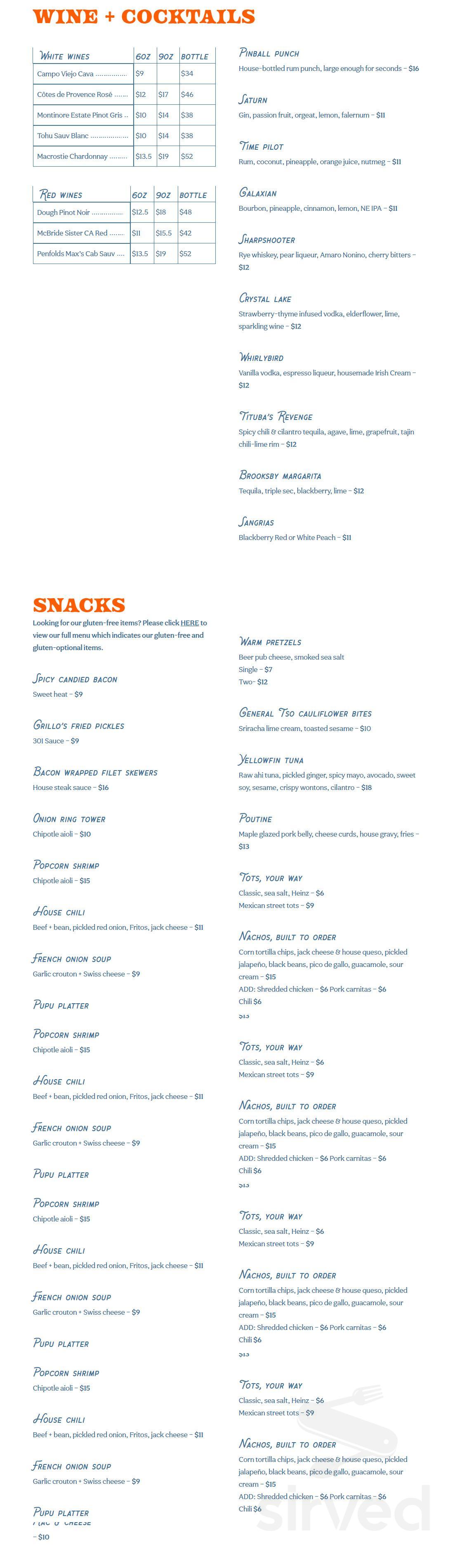 The Double Bull menu in Peabody, Massachusetts, USA