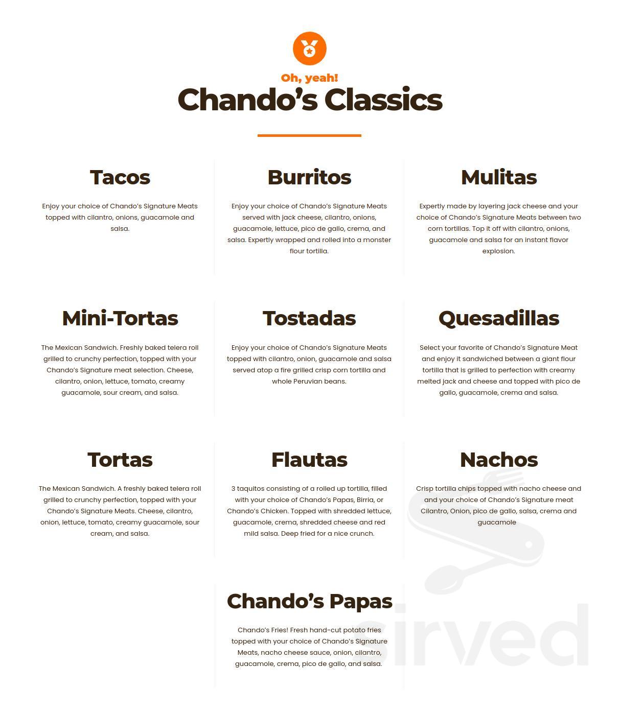 Menu - Sacramento CA's Chando's Tacos | Sirved