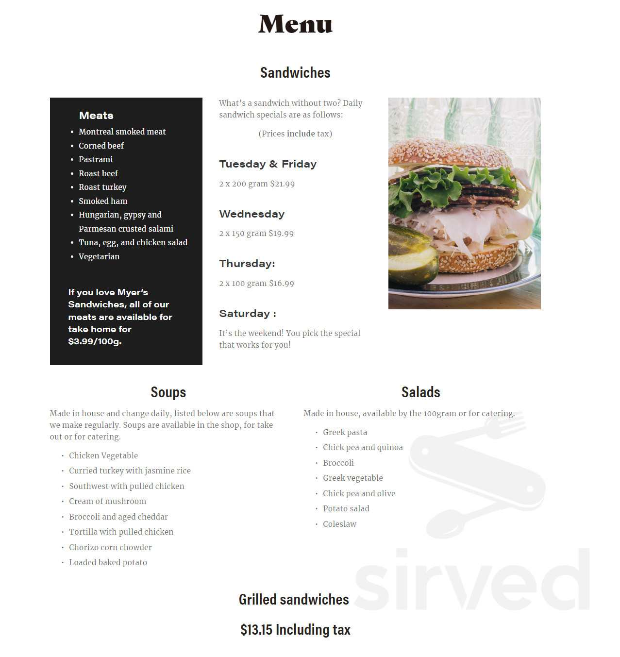 Menu for Myers Dockside in Kenora, Ontario, Canada