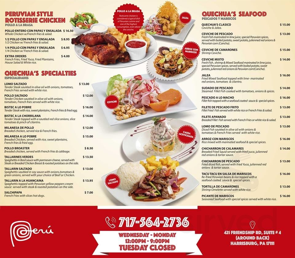 Menu for Quechua's Chicken in Camp Hill, PA | Sirved