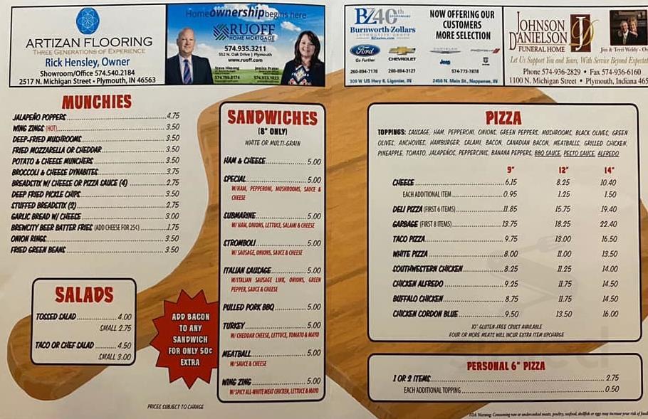 Wooden Peel menu in Bremen, Indiana, USA