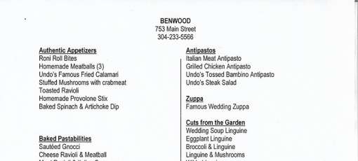 Menu for Undo's in Benwood, WV | Sirved