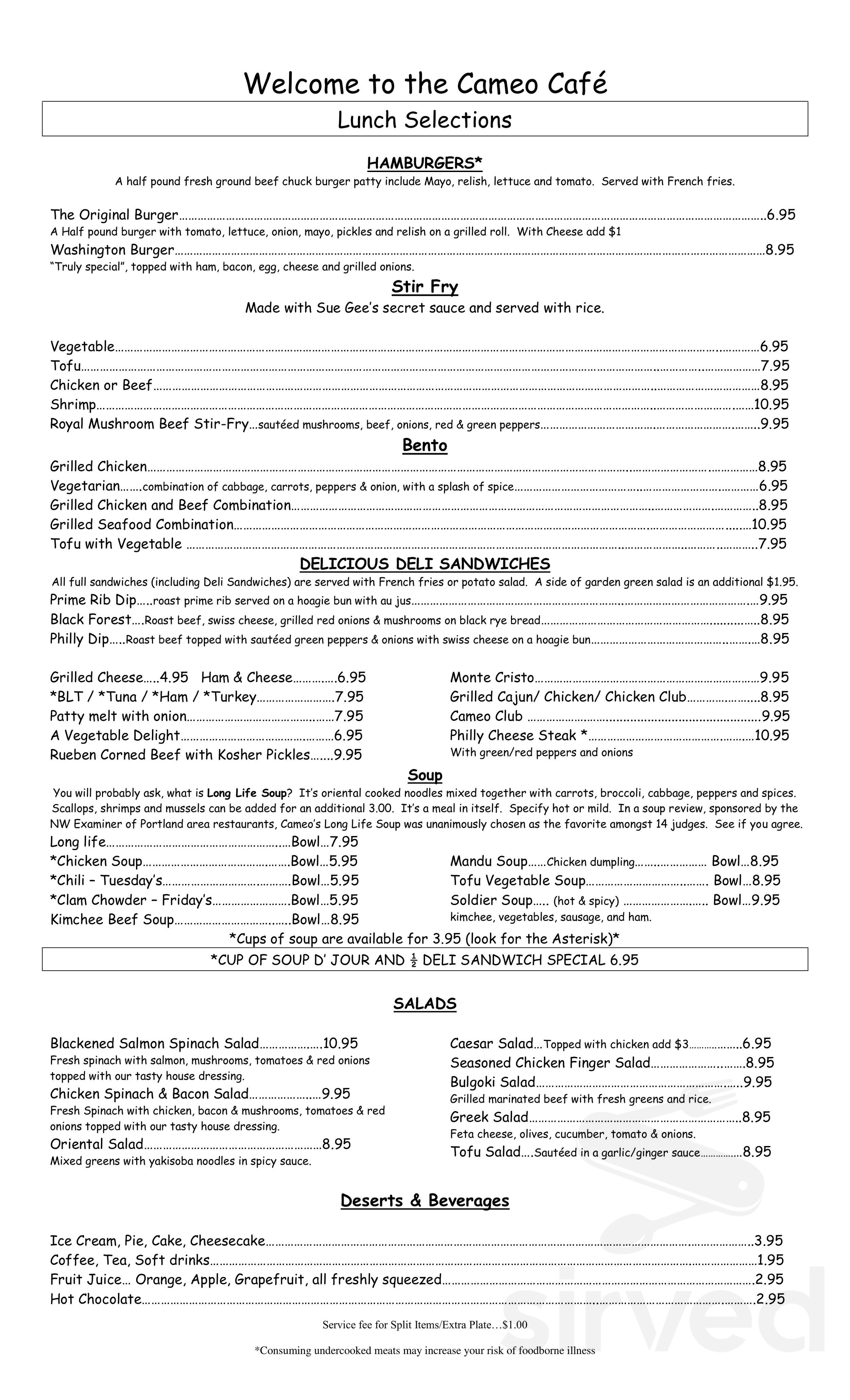 Cameo Cafe menu in Vancouver, Washington, USA