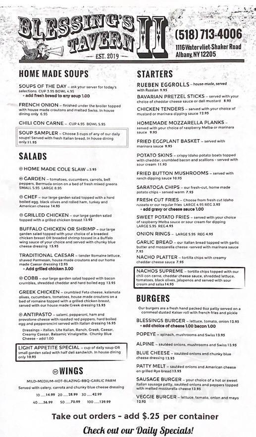 Blessings Tavern menu in Colonie, New York, USA